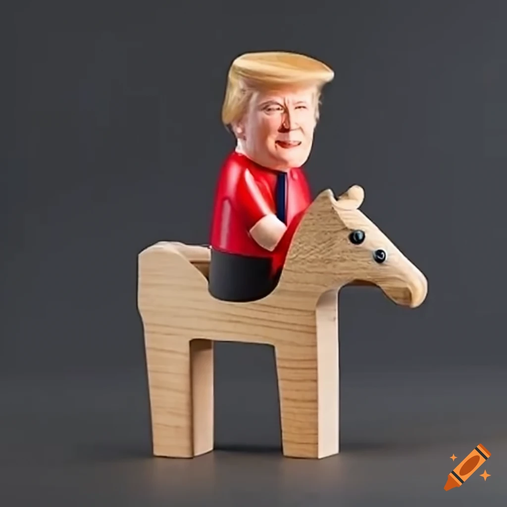 Political satire of trump riding a wooden horse toy