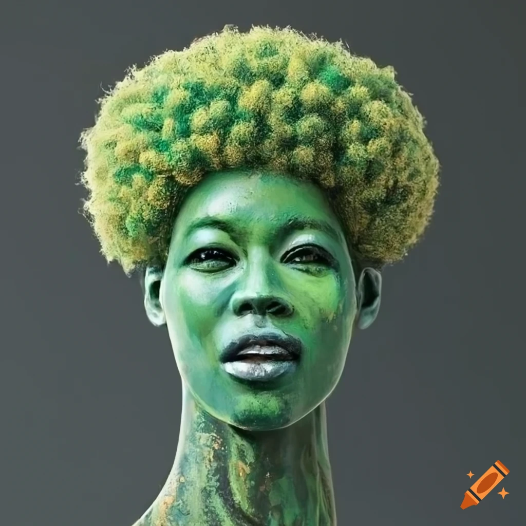 Green painted portrait of an african head with afro on Craiyon