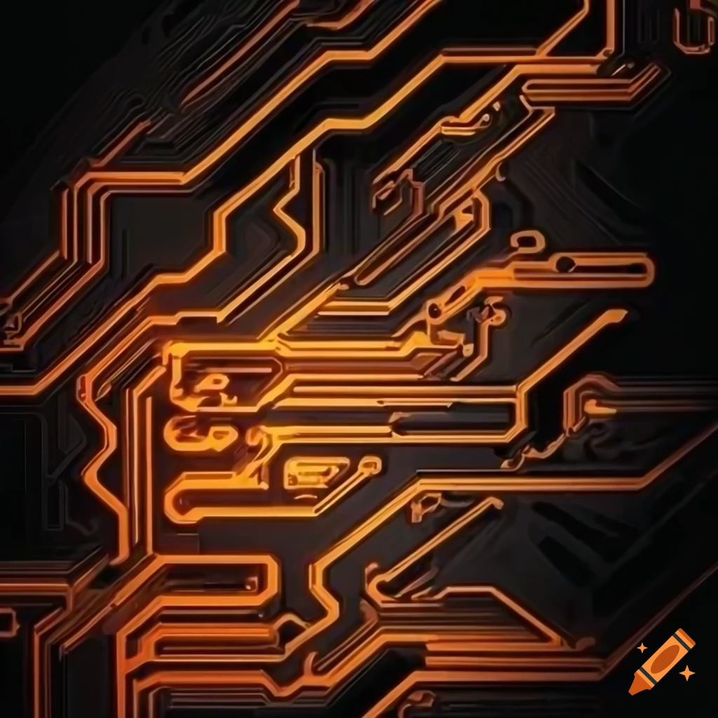 Abstract artwork of black and glowing orange circuit boards on Craiyon