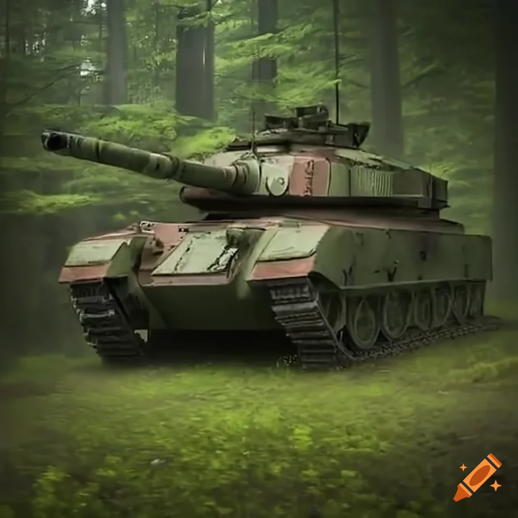 Battle tank in a dense forest on Craiyon