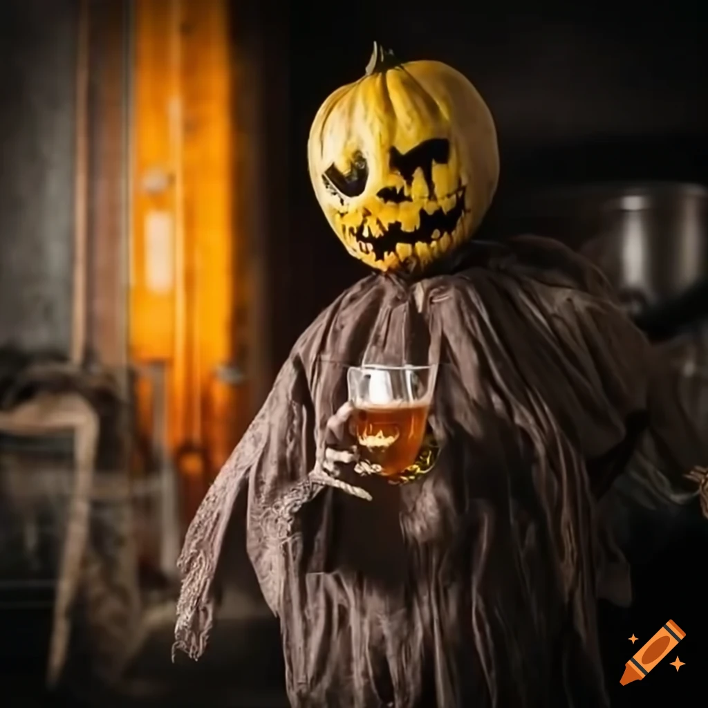 Scarecrow holding a glass of beer in a brewery