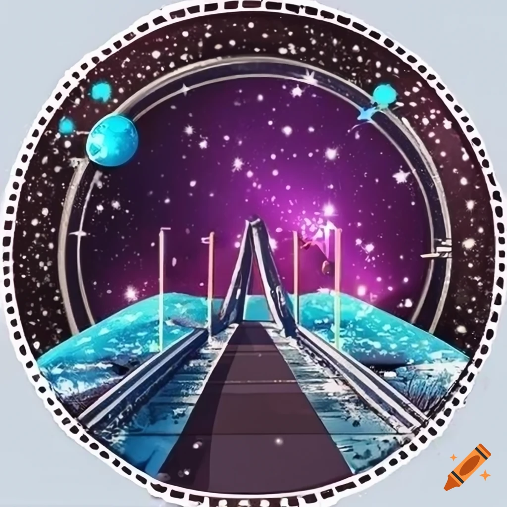 Round space-themed sticker with a pedestrian bridge