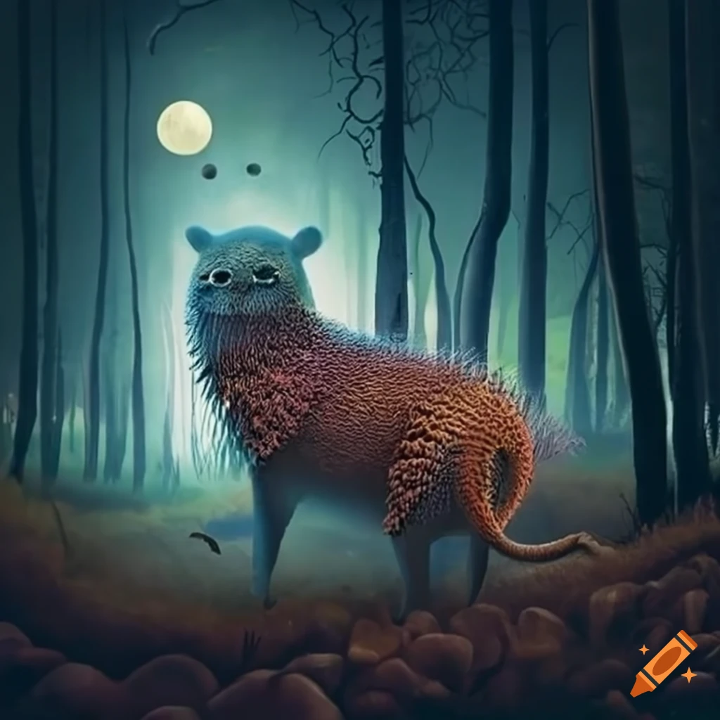 Artistic depiction of cute animals in a moonlit forest