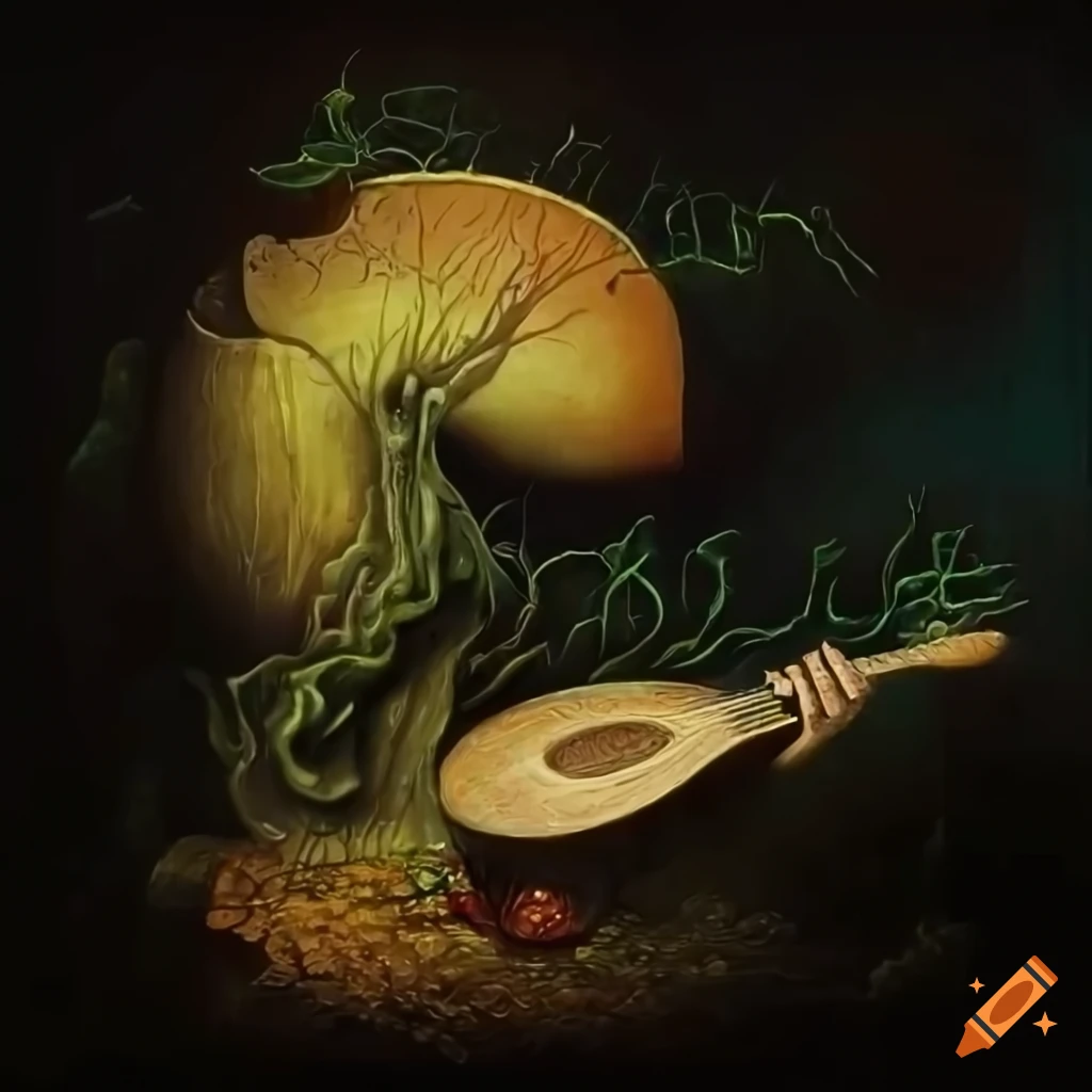 Surreal painting of a lute shaped like a fungus