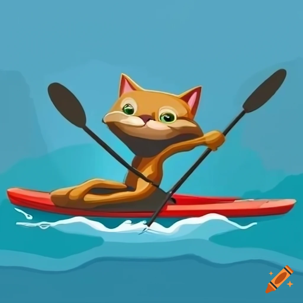 Cartoon cat kayaking on a river