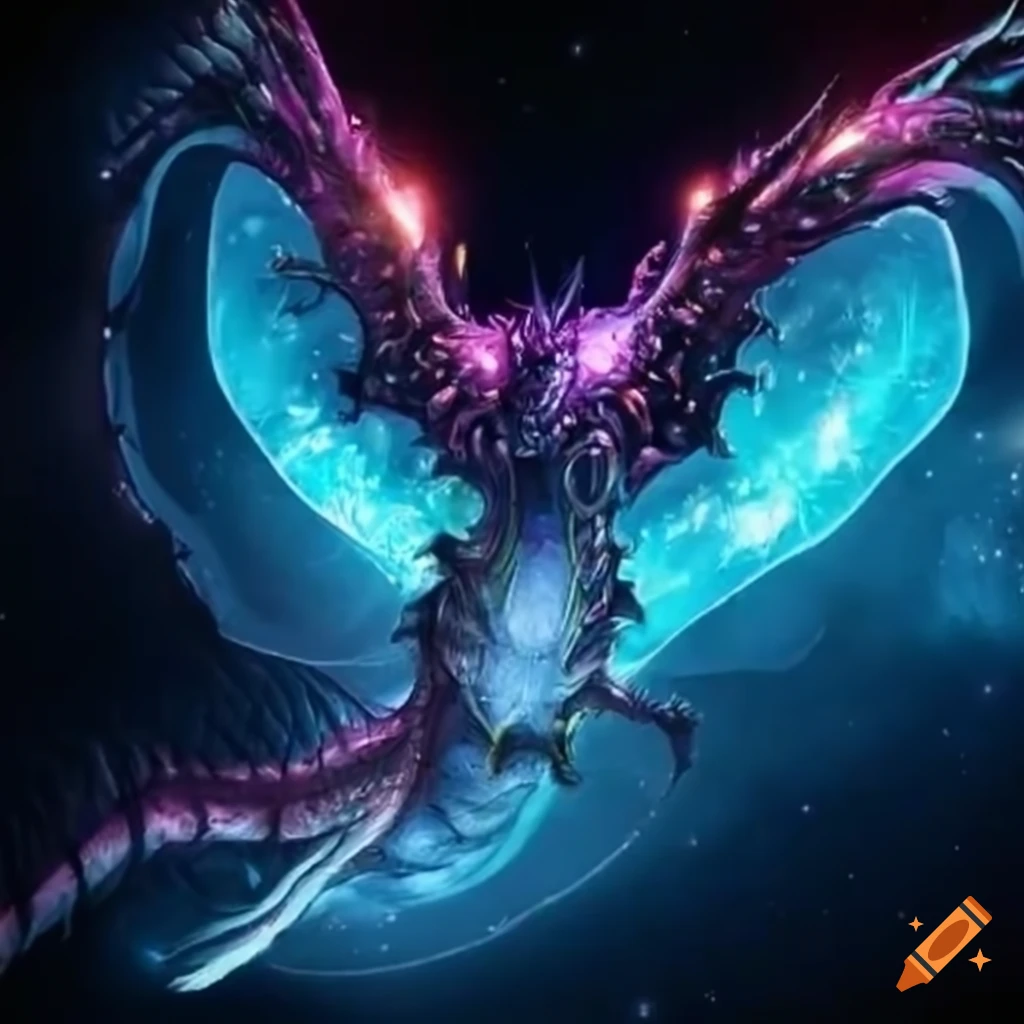 Cybernetic cosmic dragon soaring through the cosmos on Craiyon