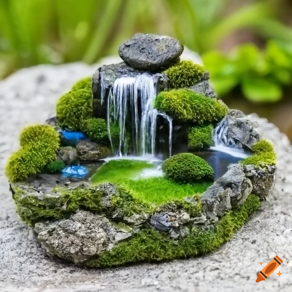 Photo of a mossy miniature waterfall and lake on Craiyon