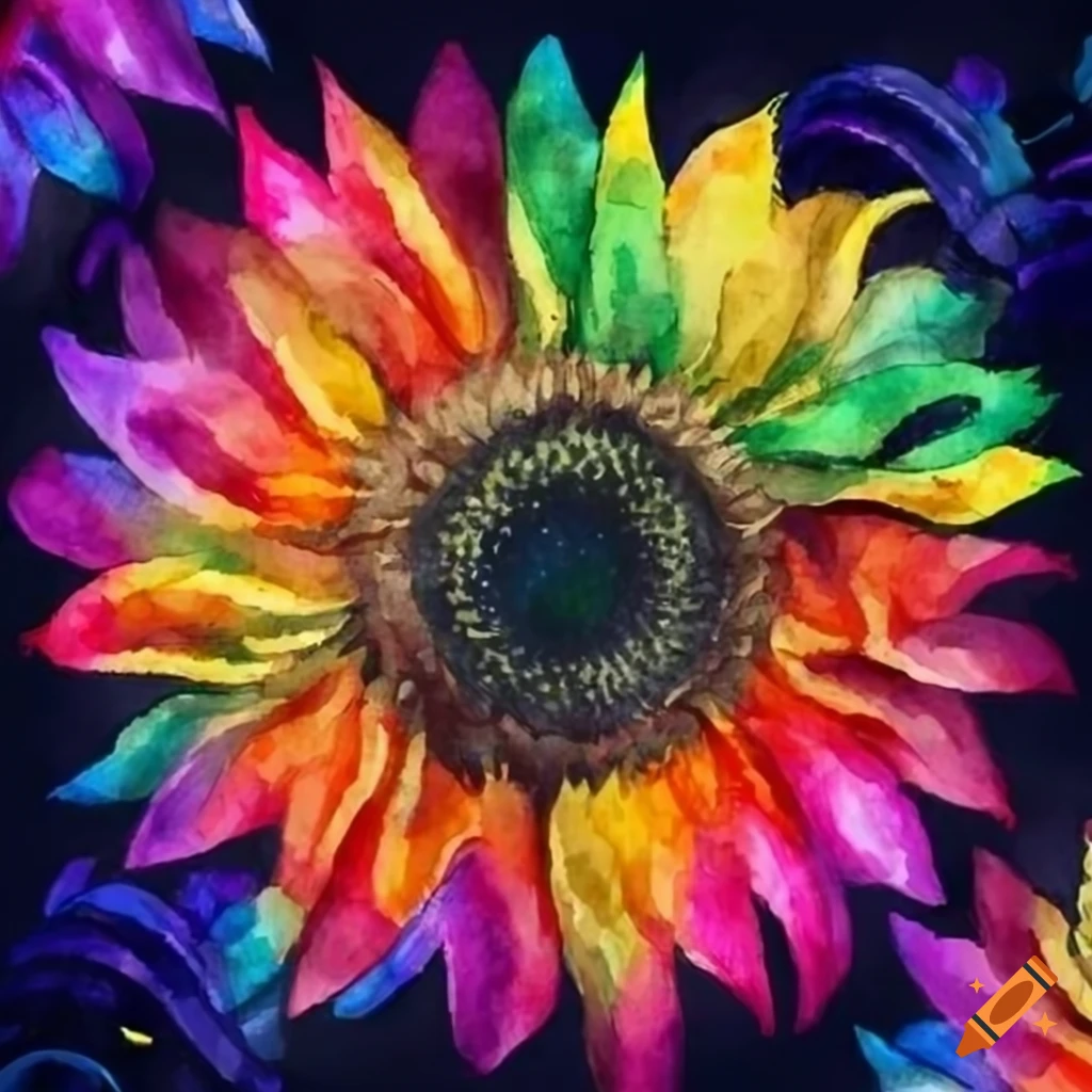 Watercolor rainbow sunflower pattern