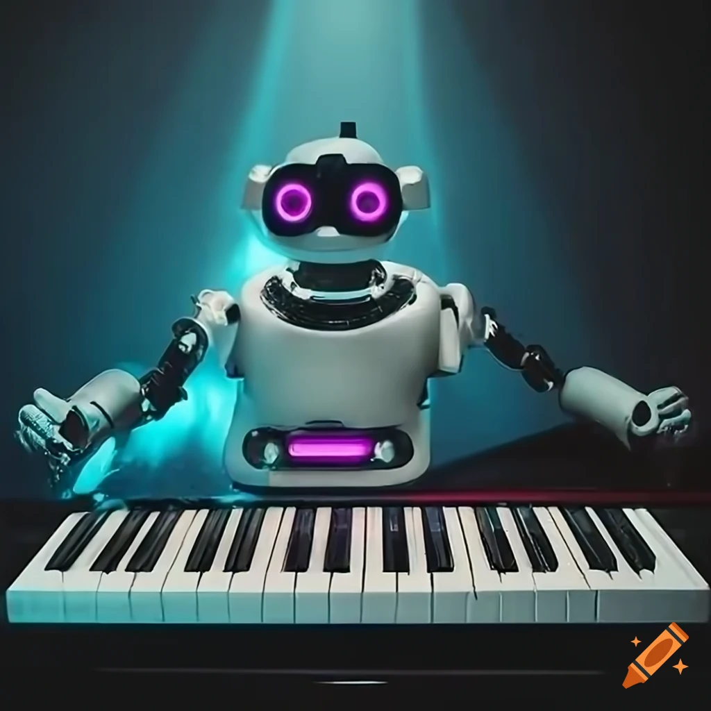 Robot playing keyboard and modular synth surrounded by lasers and ...