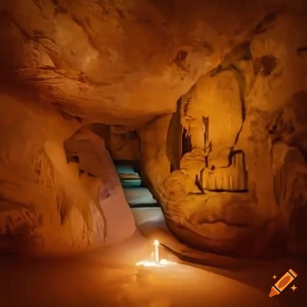 Torch-lit cave with people viewing rock frescoes on Craiyon