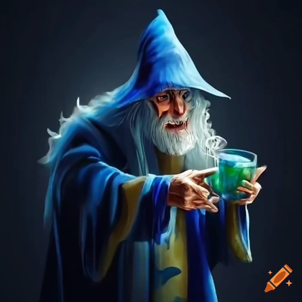 Humorous illustration of a wizard with an energy drink on Craiyon