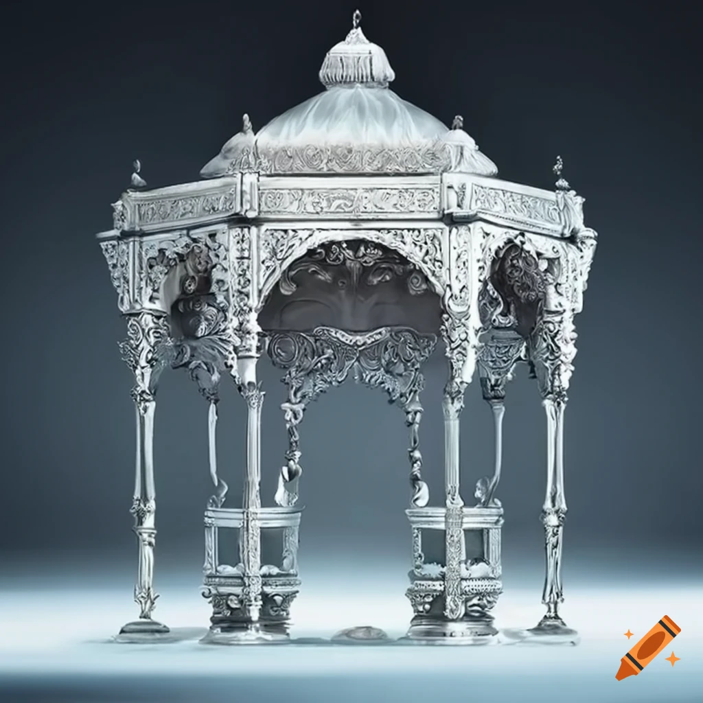 Ornamental Islamic gazebo with a silver fountain on Craiyon