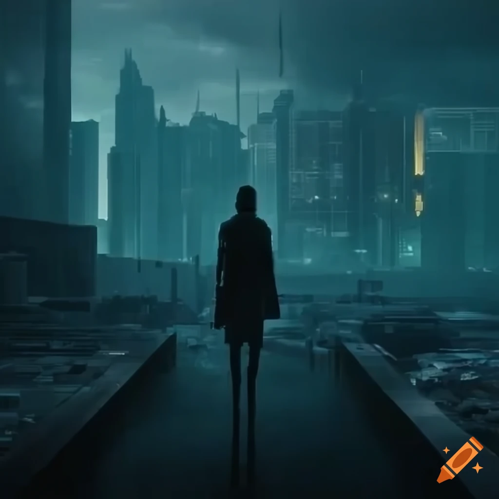 Sharp image of an android in a dystopian setting on Craiyon