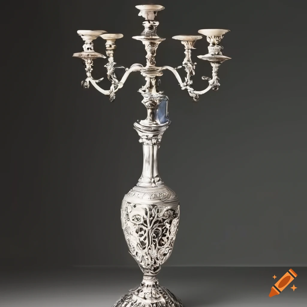 Intricate silver candelabrum oil lamp on a vase on Craiyon