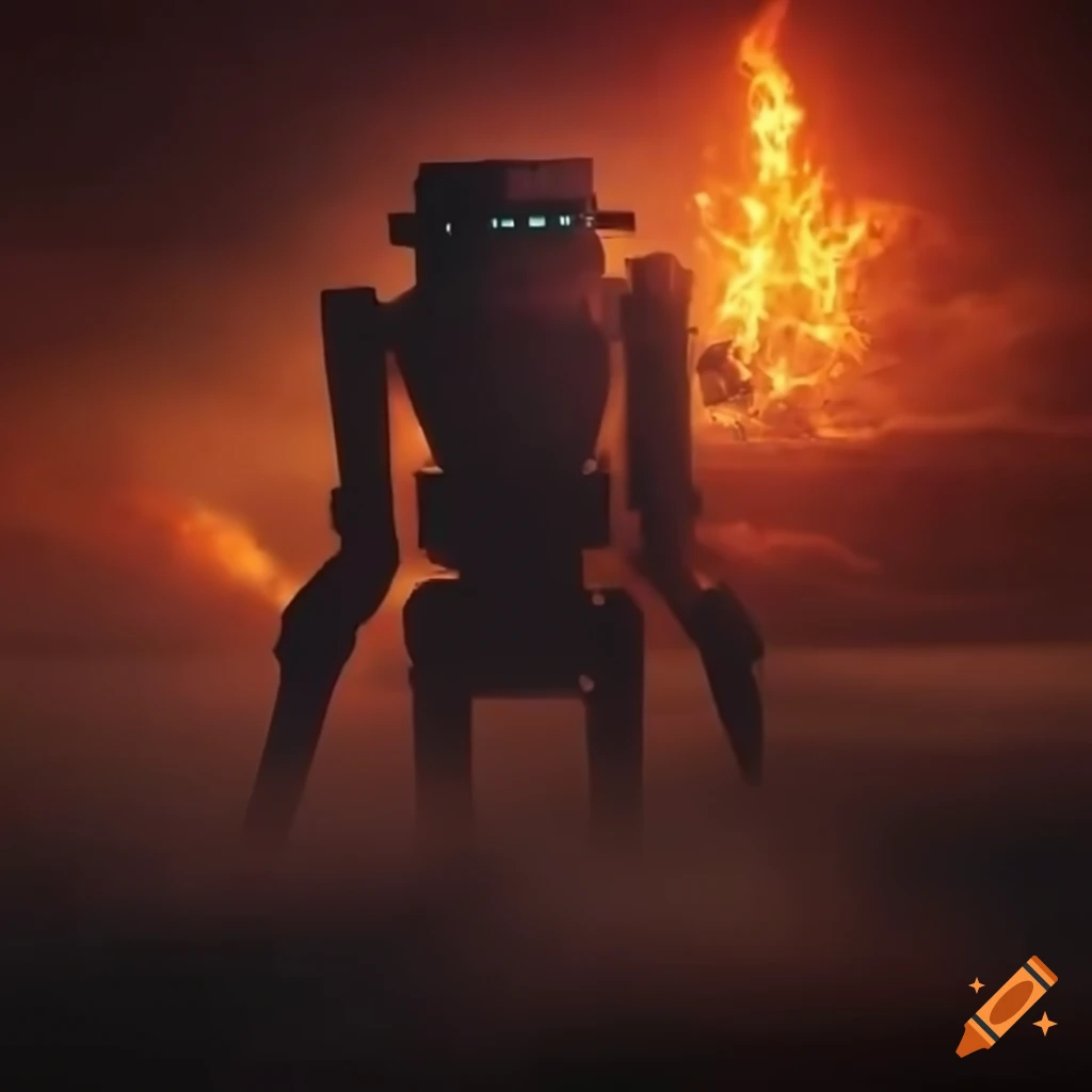 Dystopian scenery with giant robot emerging from fire