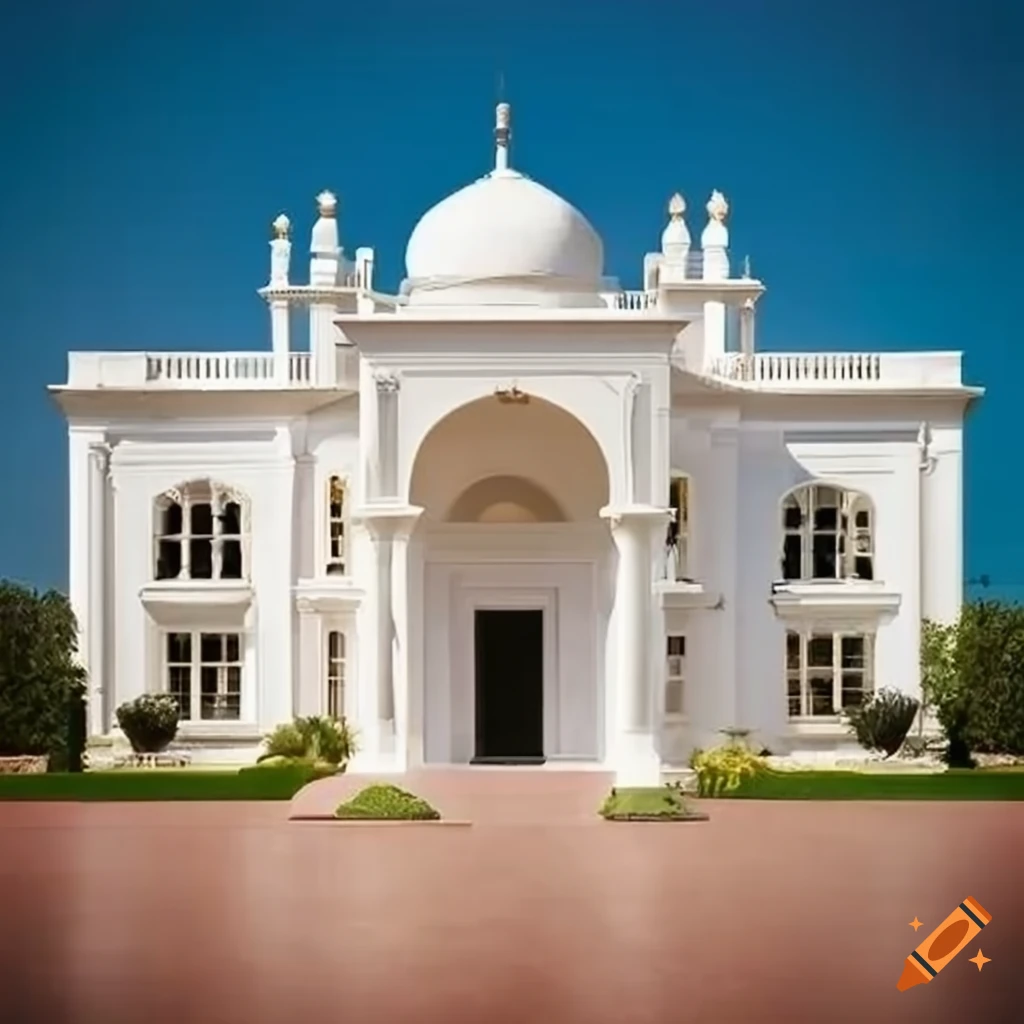 Front view of mahal white house in mediterranean architectural style on ...