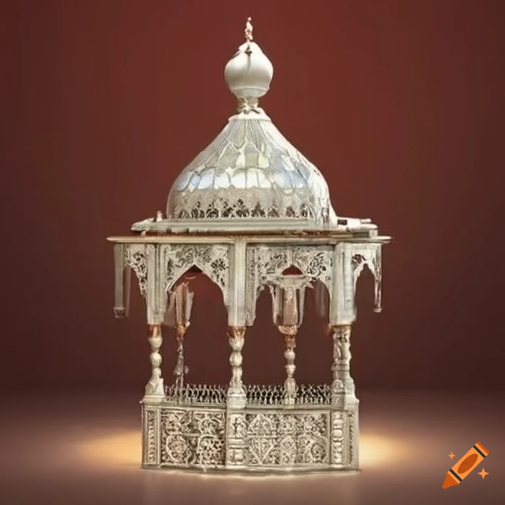 Ornamental islamic gazebo with a silver fountain on Craiyon