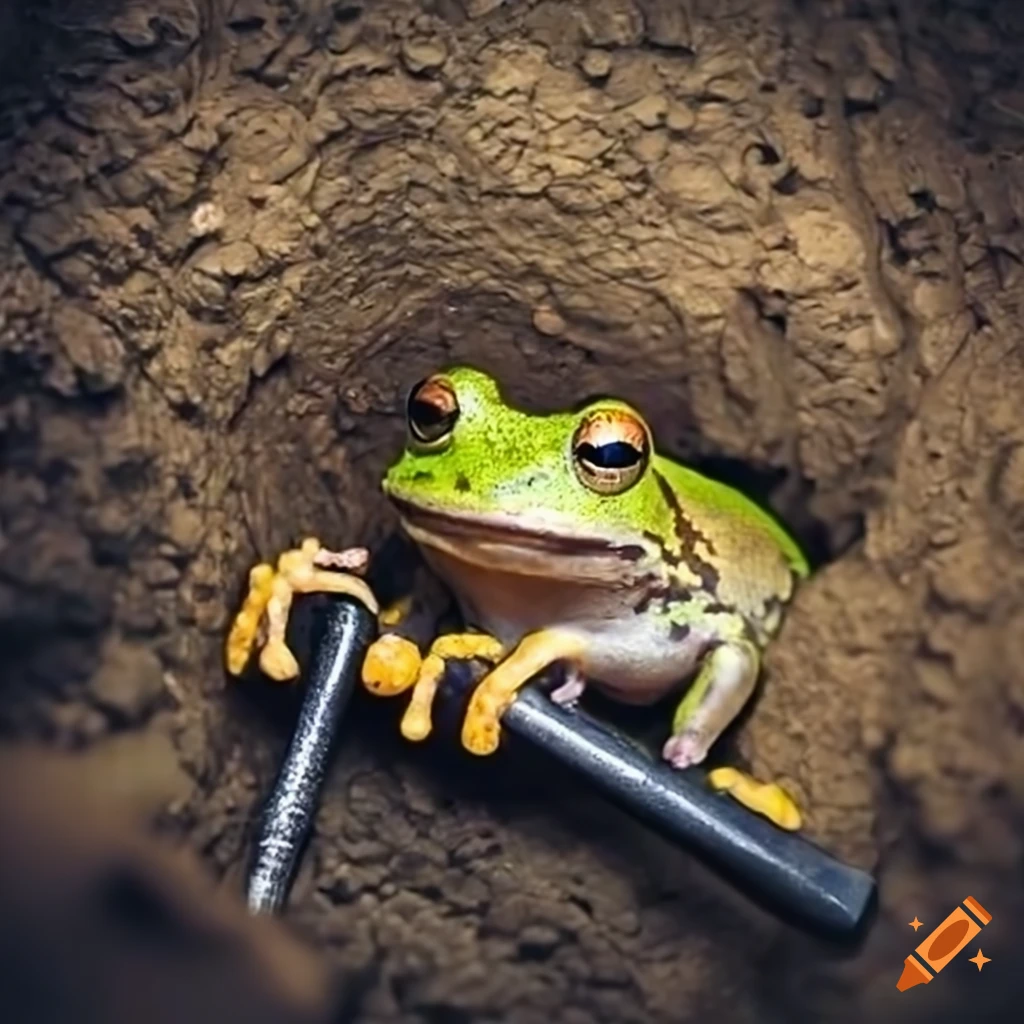 Cartoon of frogs wearing hard hats and working underground