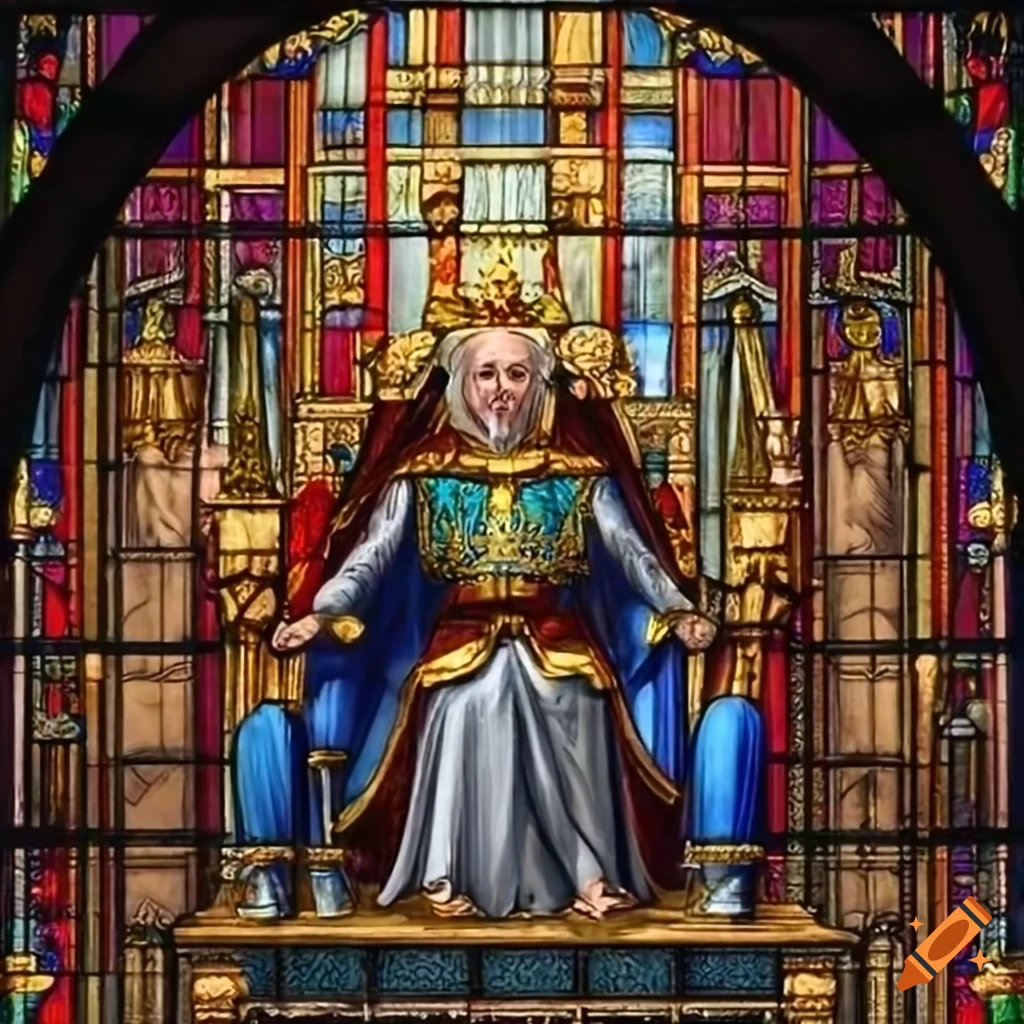 Sad king sitting on throne under stained glass on Craiyon