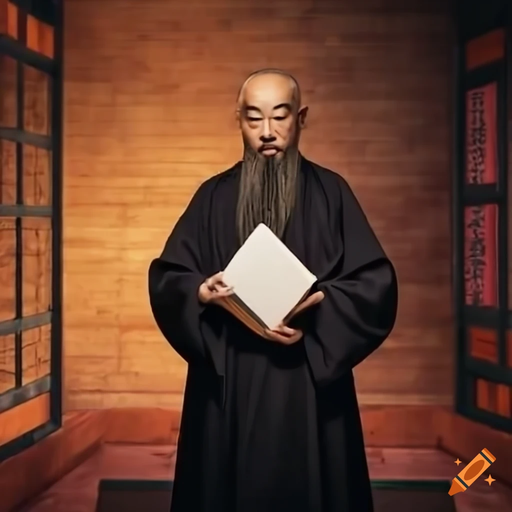 Vivid image of a confucian master in an ancient school hall