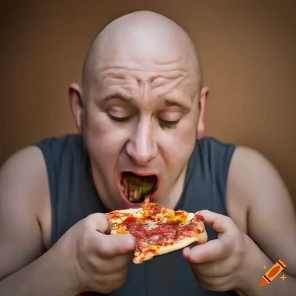 Bald man enjoying pizza