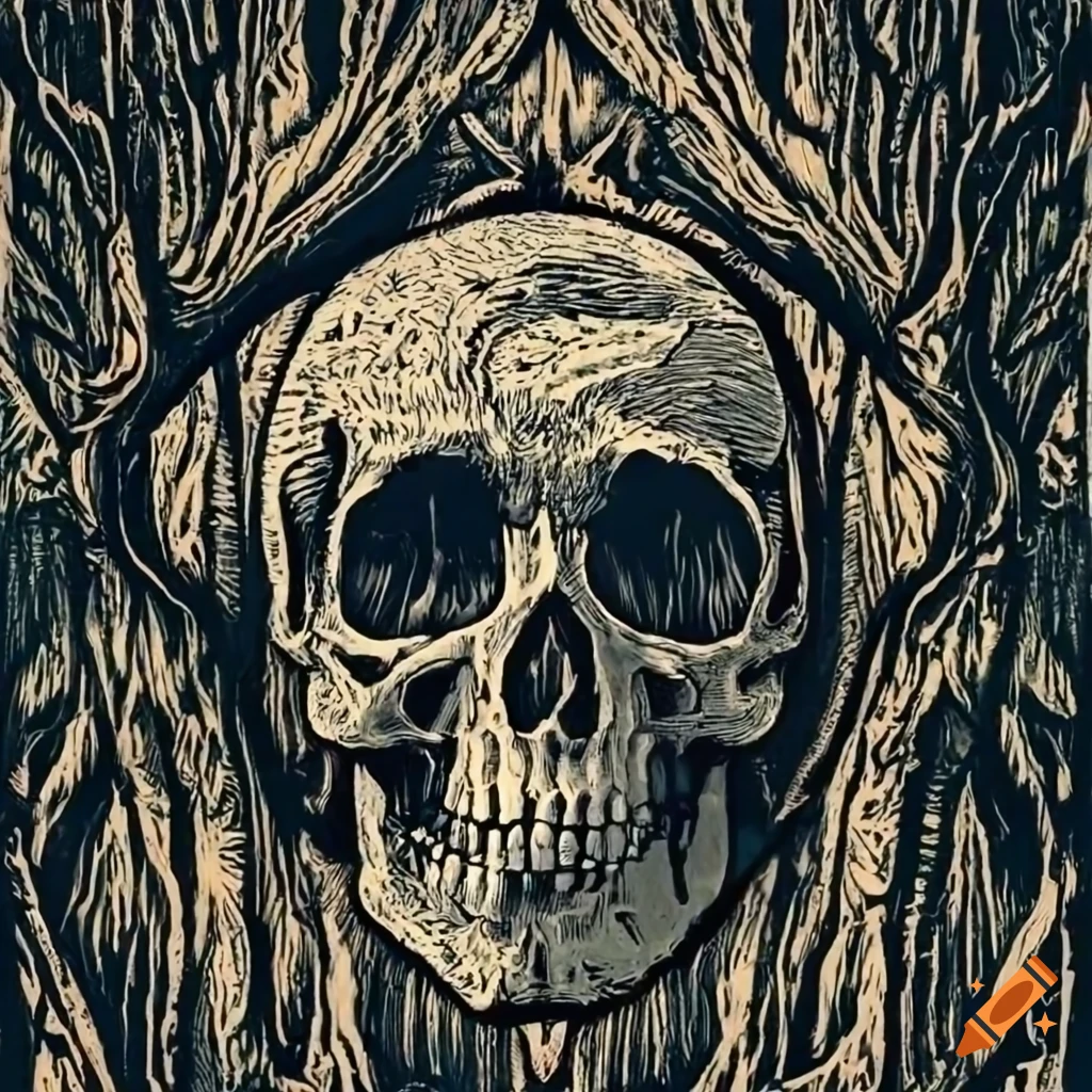 Woodcut print of a skull in the woods on Craiyon