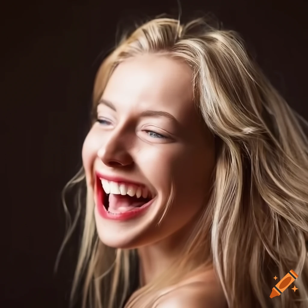 Portrait of a beautiful blonde woman laughing on Craiyon