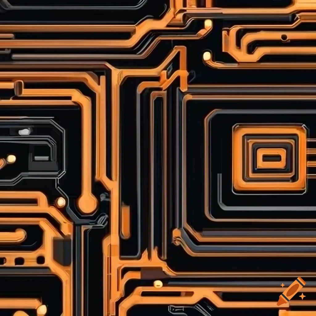 Abstract art of black and orange printed circuits boards