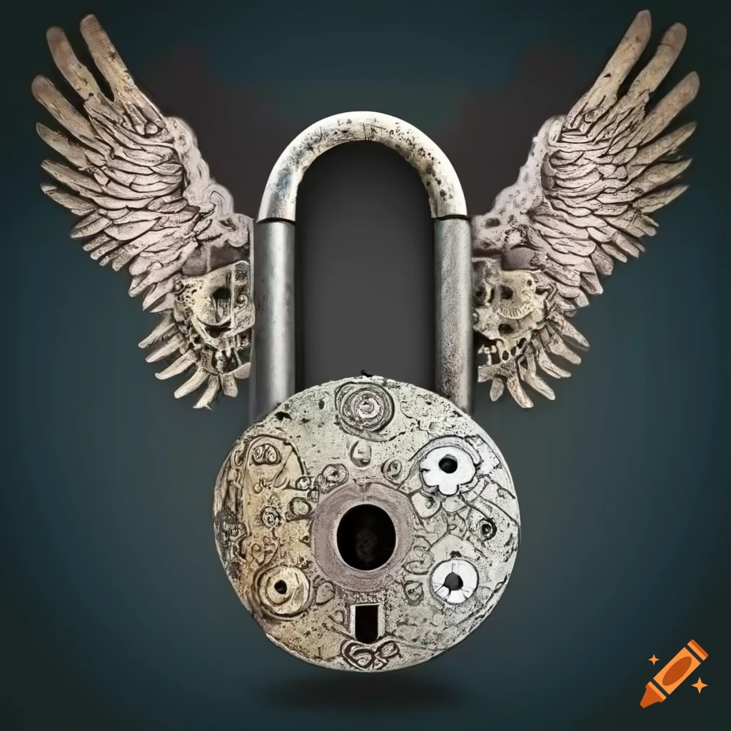 Detailed illustration of a steampunk padlock with gears and wings on ...