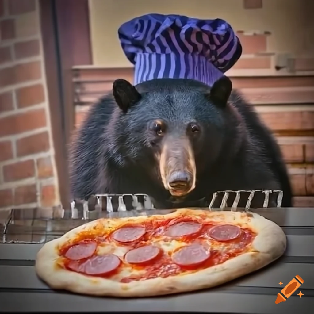 Humorous illustration of a bear chef making pizza on Craiyon