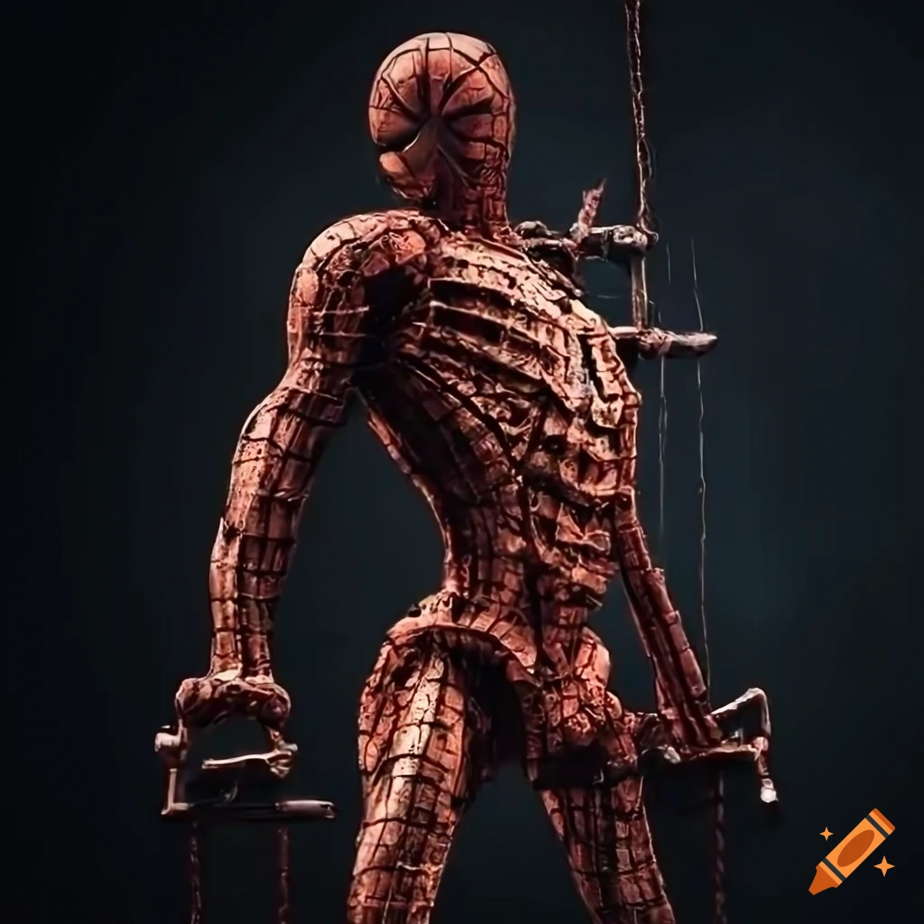 Ultra high resolution spiderman sculpture made of recycled objects