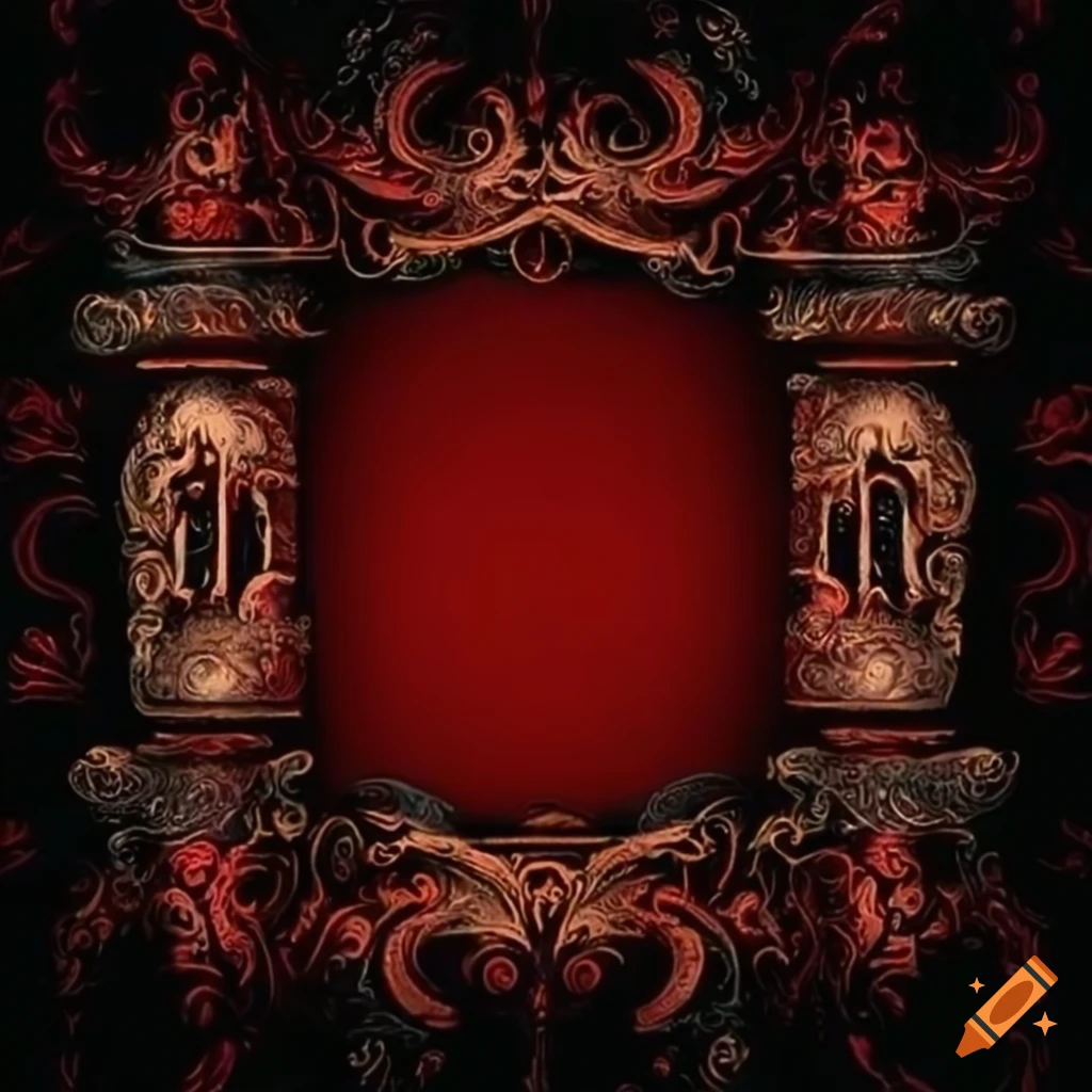 Red and black medieval magic scroll with ornaments