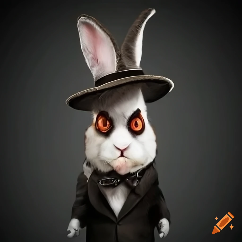 Scary fancy rabbit wearing a suit and hat on Craiyon