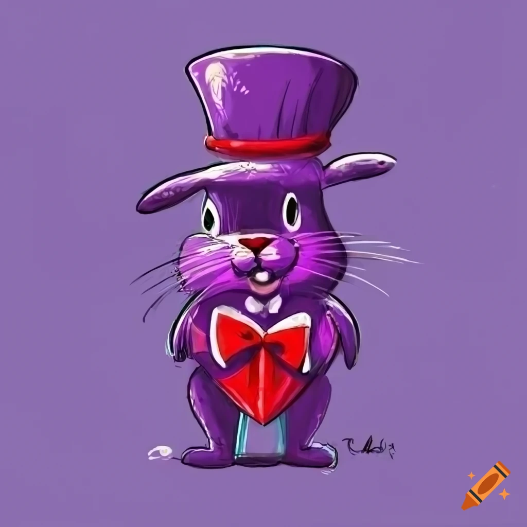 Cartoon illustration of a purple bunny in a tophat and red bowtie on ...