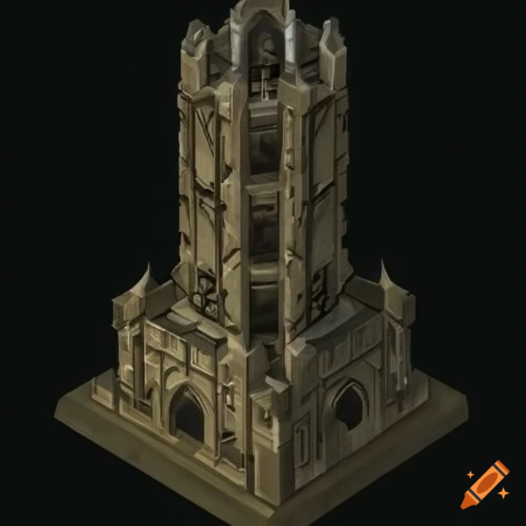 Fantasy art of an isometric RPG dice tower style building on Craiyon