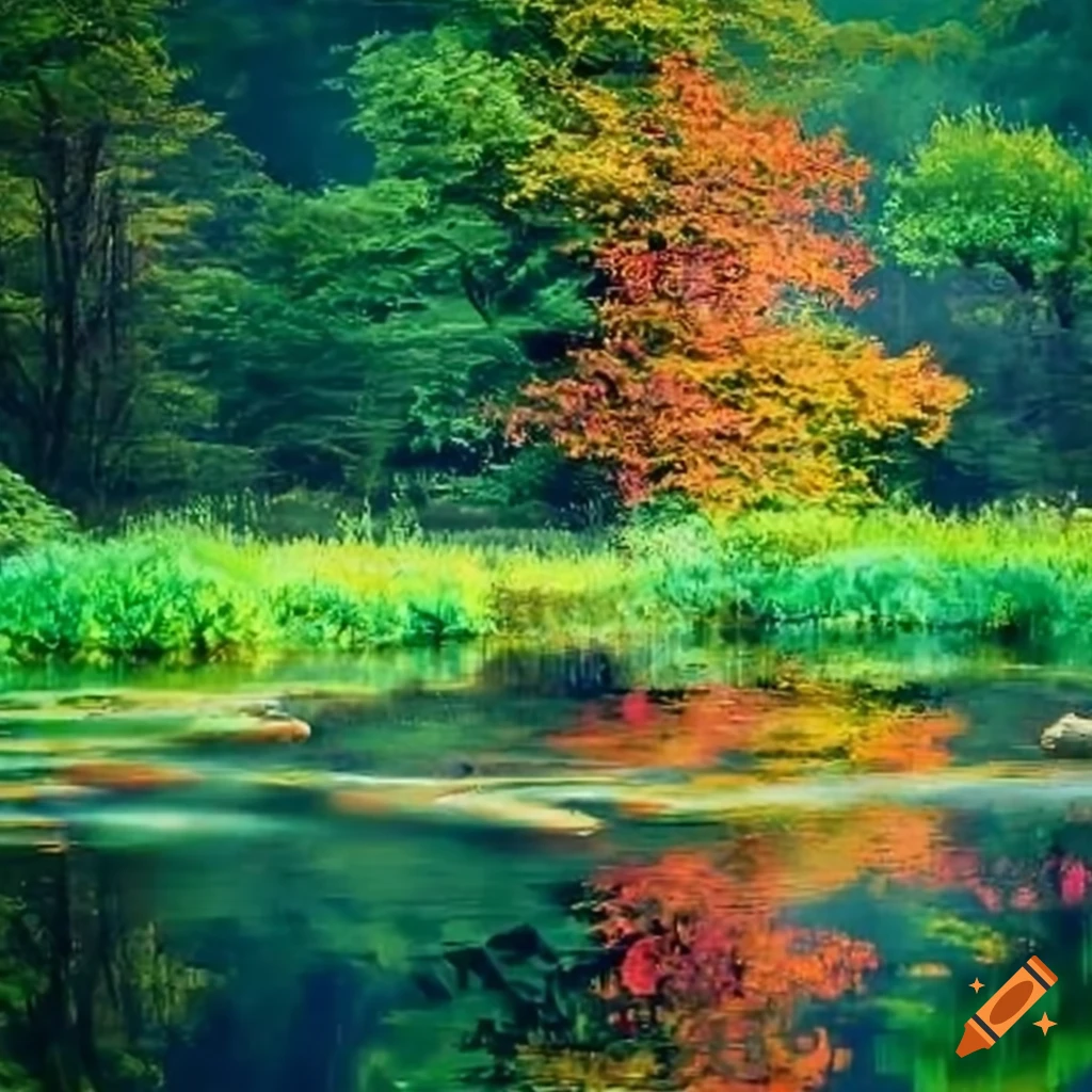 Flowing brook and leafy ponds in norway