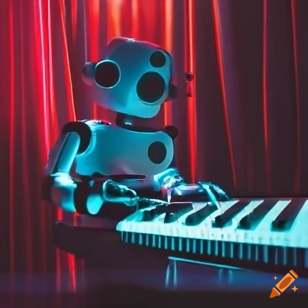 Concept art of a musical robot surrounded by lasers and floating dust