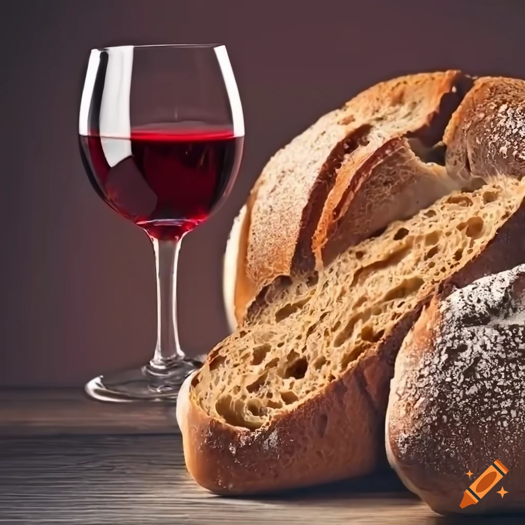 Spread of freshly baked bread and a glass of red wine