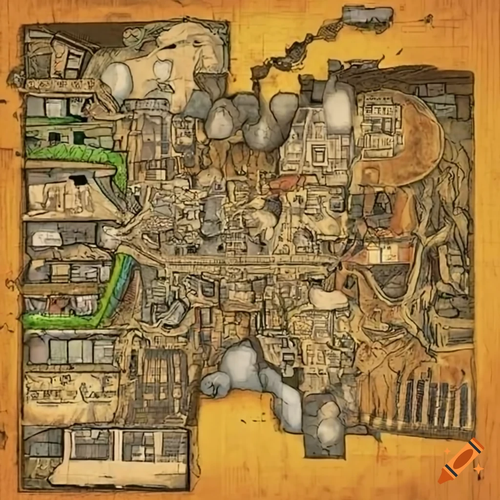 Detailed map of survivors' journey in a post-apocalyptic city on Craiyon