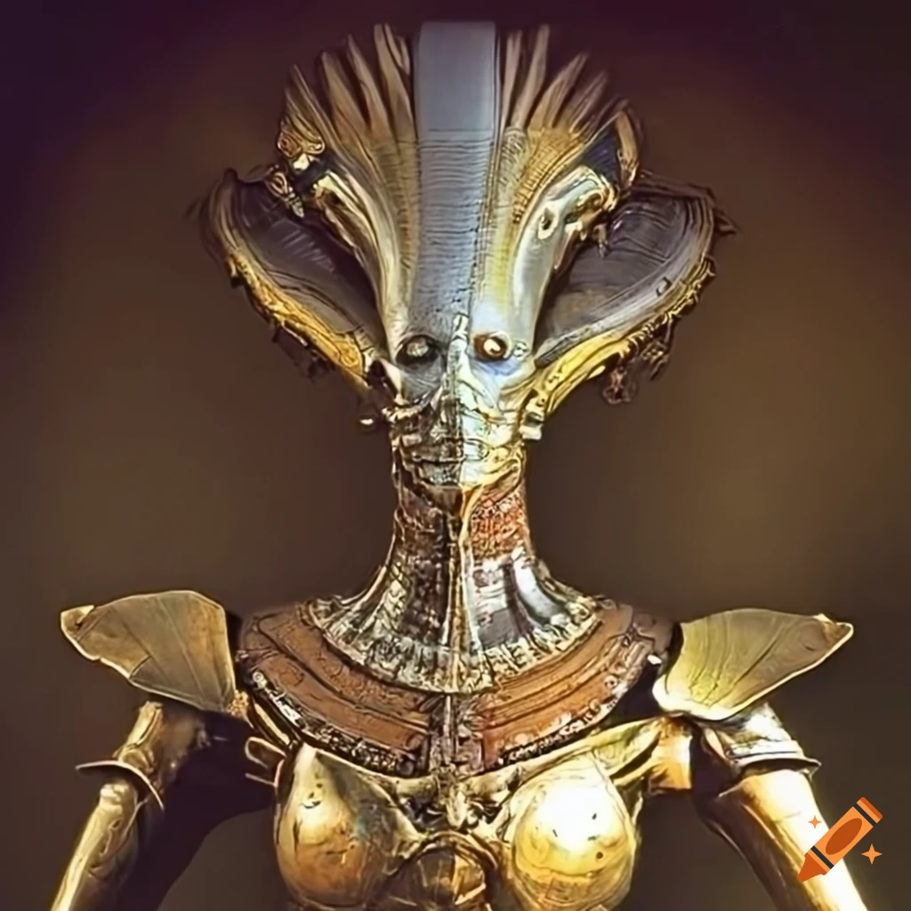 Alien god queen in gold and silver armor
