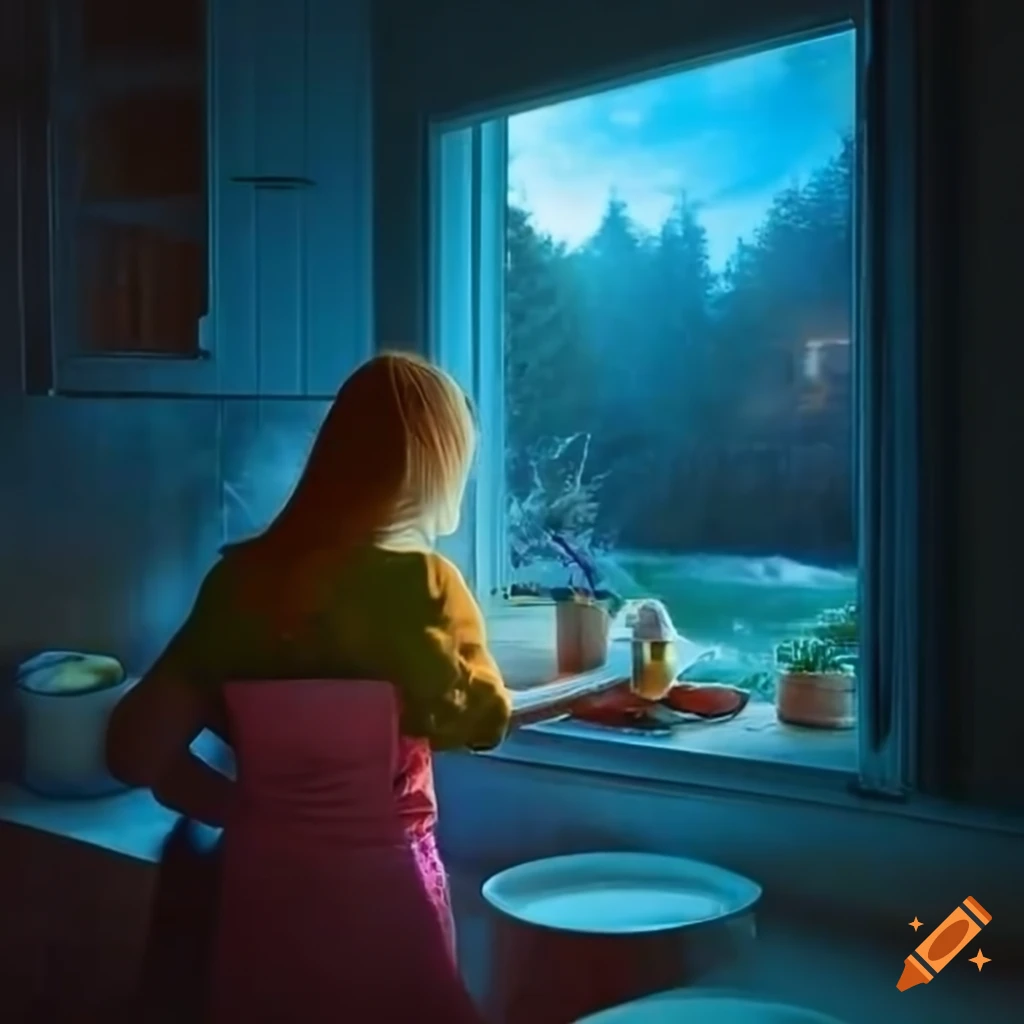 Woman working at a kitchen with a beautiful nighttime view