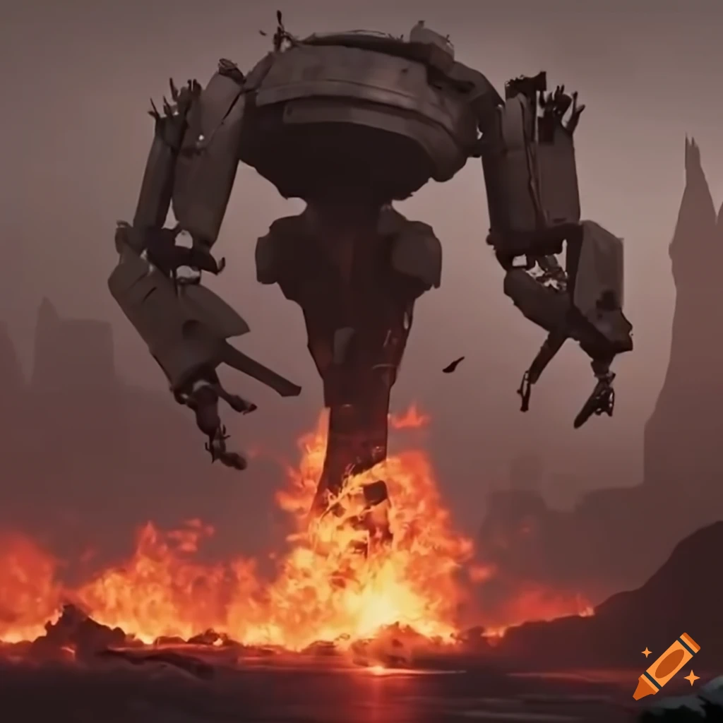 Dystopian depiction of a giant robot emerging from flames