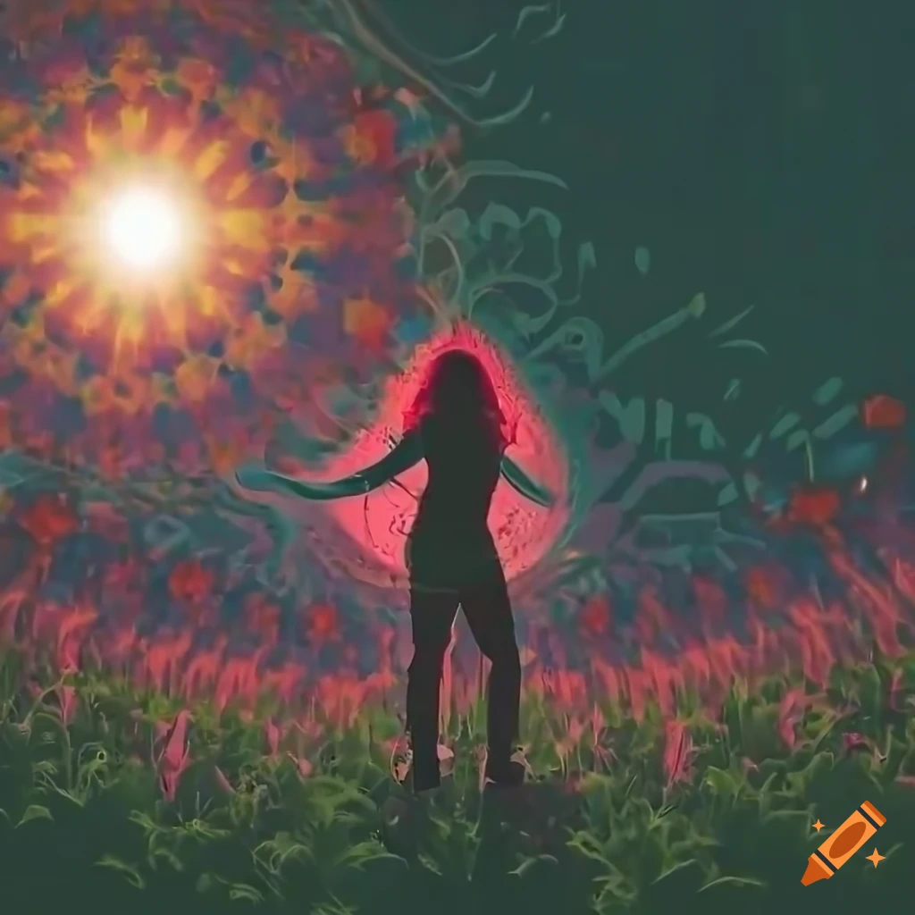 Translucent humanoid elemental spirit made of flowers over a sunset ...