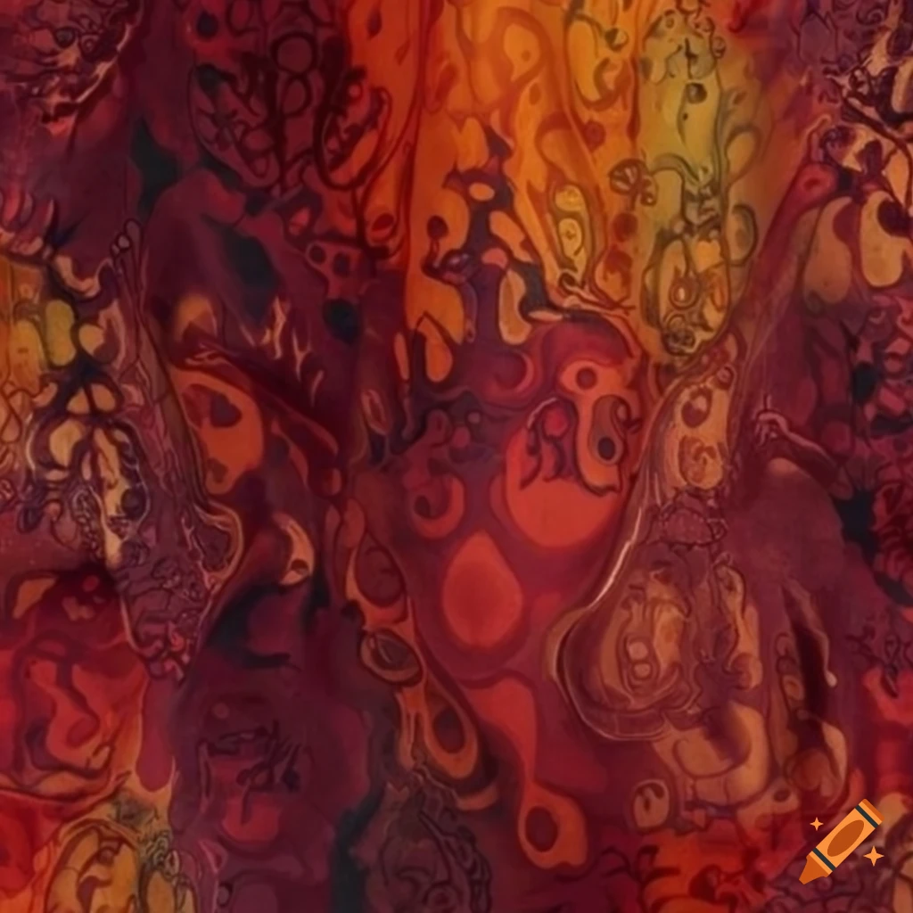 Fabric with burgundy and orange oil splotch patterns on Craiyon