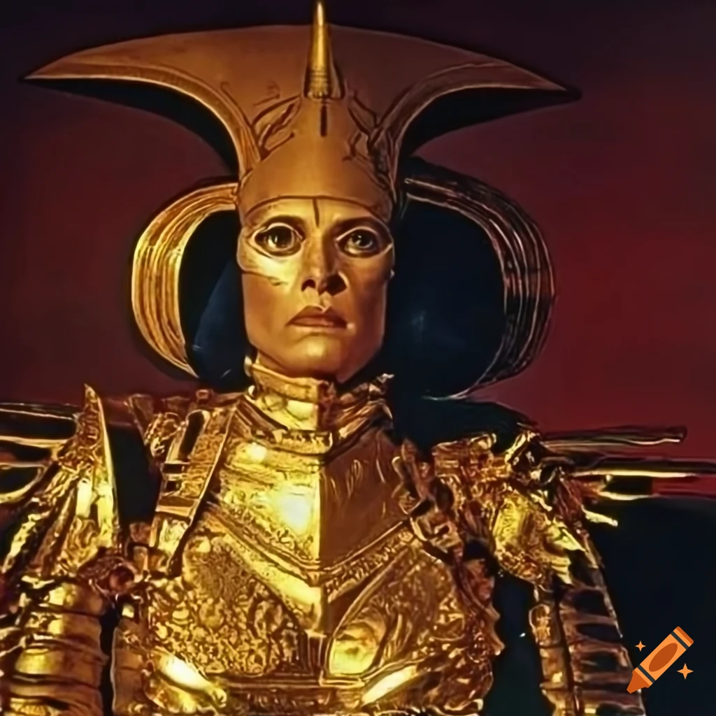 Alien god queen in gold and silver armor on Craiyon