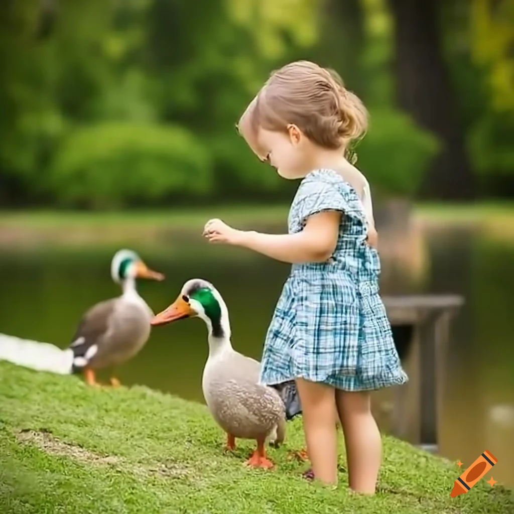 Children playing with ducks at the edge of a pond