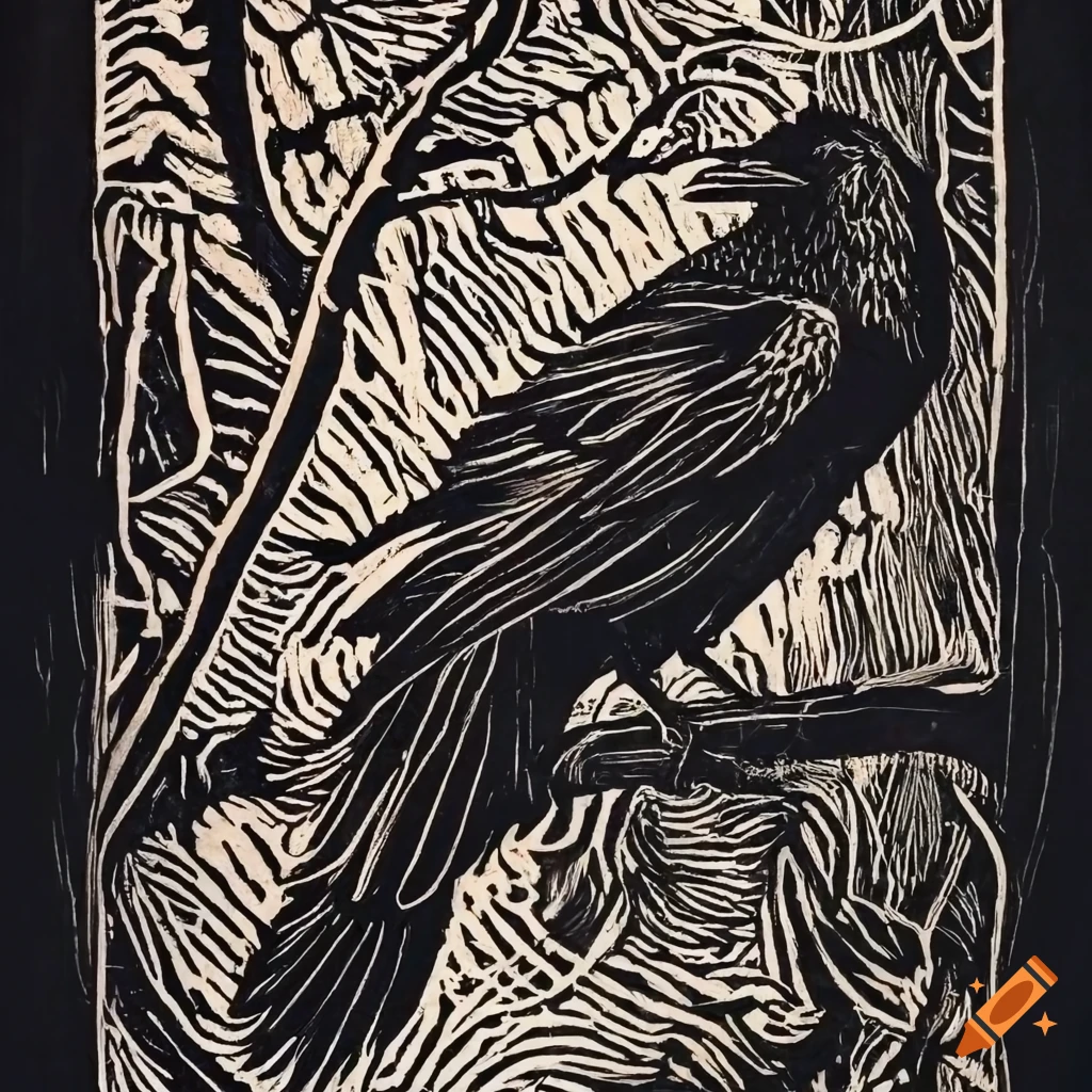 Woodcut print of a raven in the woods on Craiyon