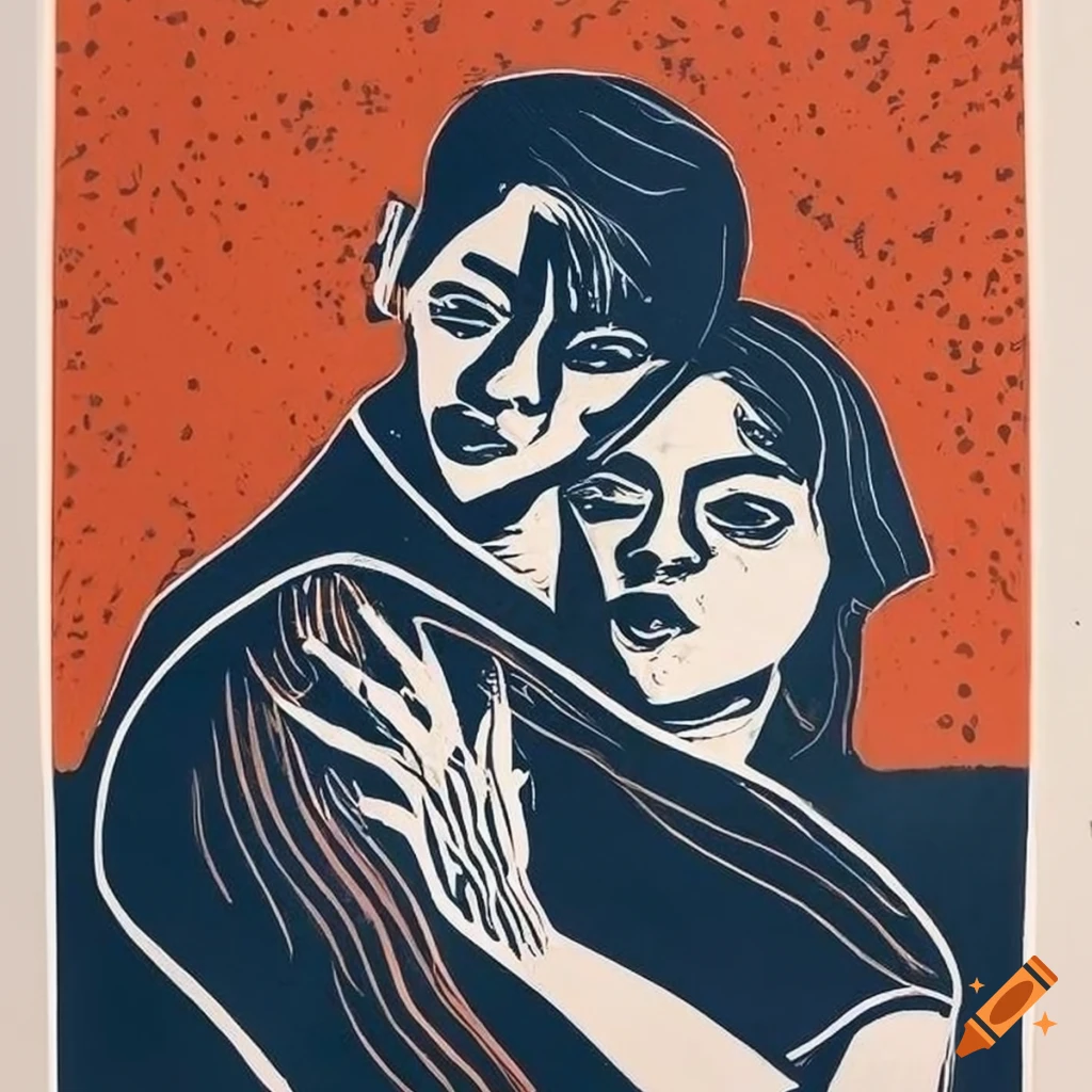 Bold lino cut print titled 'the waltz' on Craiyon