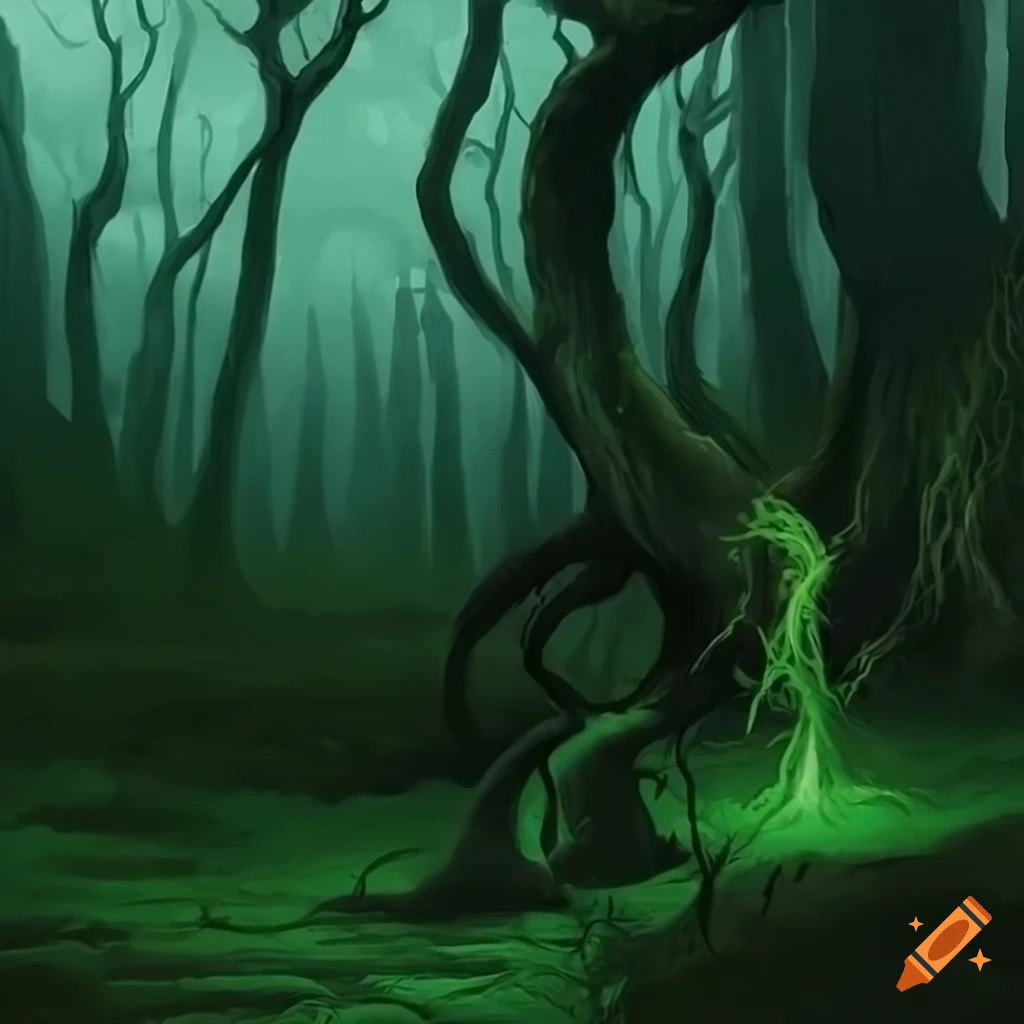 Dark and spooky forest scene with mystical atmosphere on Craiyon
