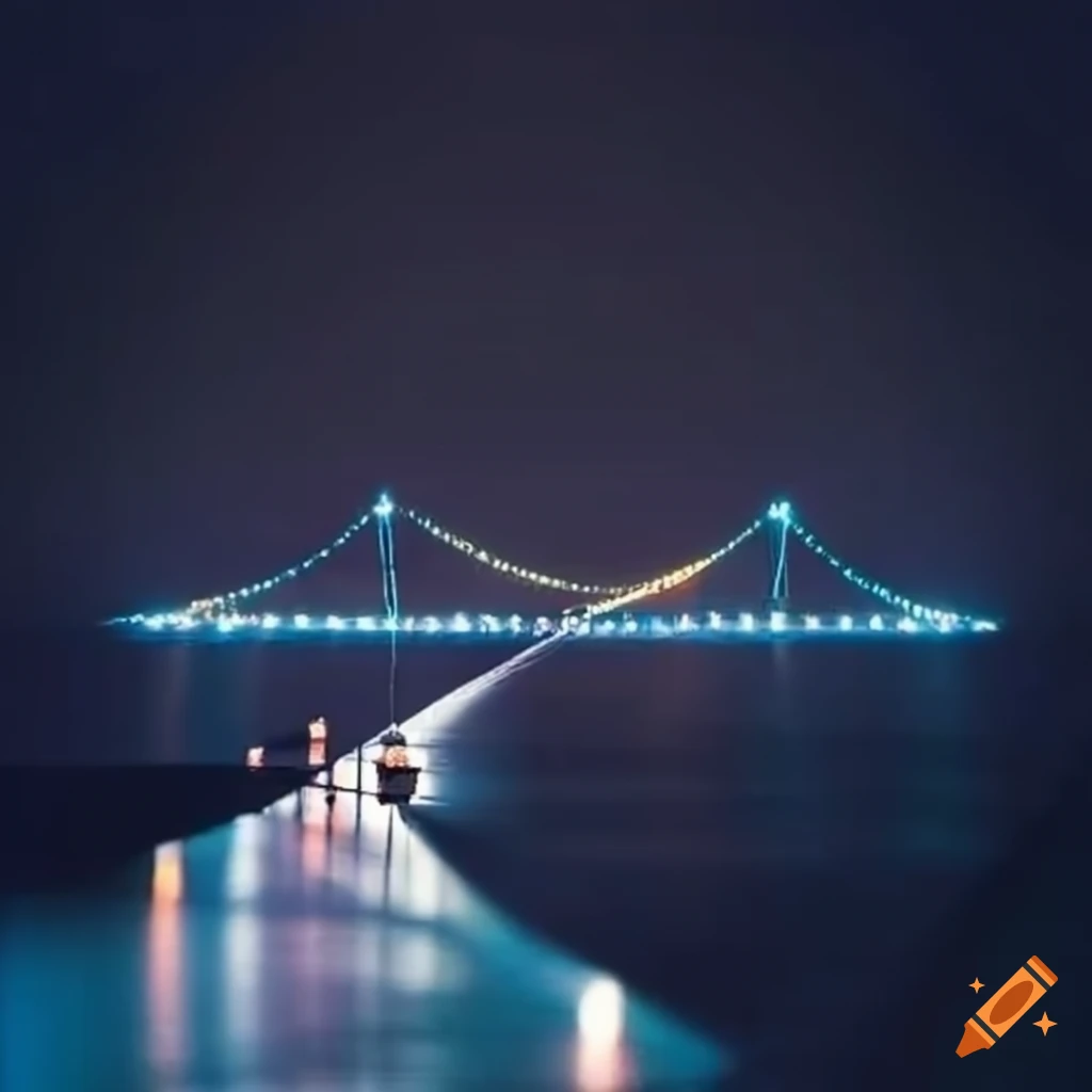 Nighttime view of a suspension bridge with led lights on Craiyon